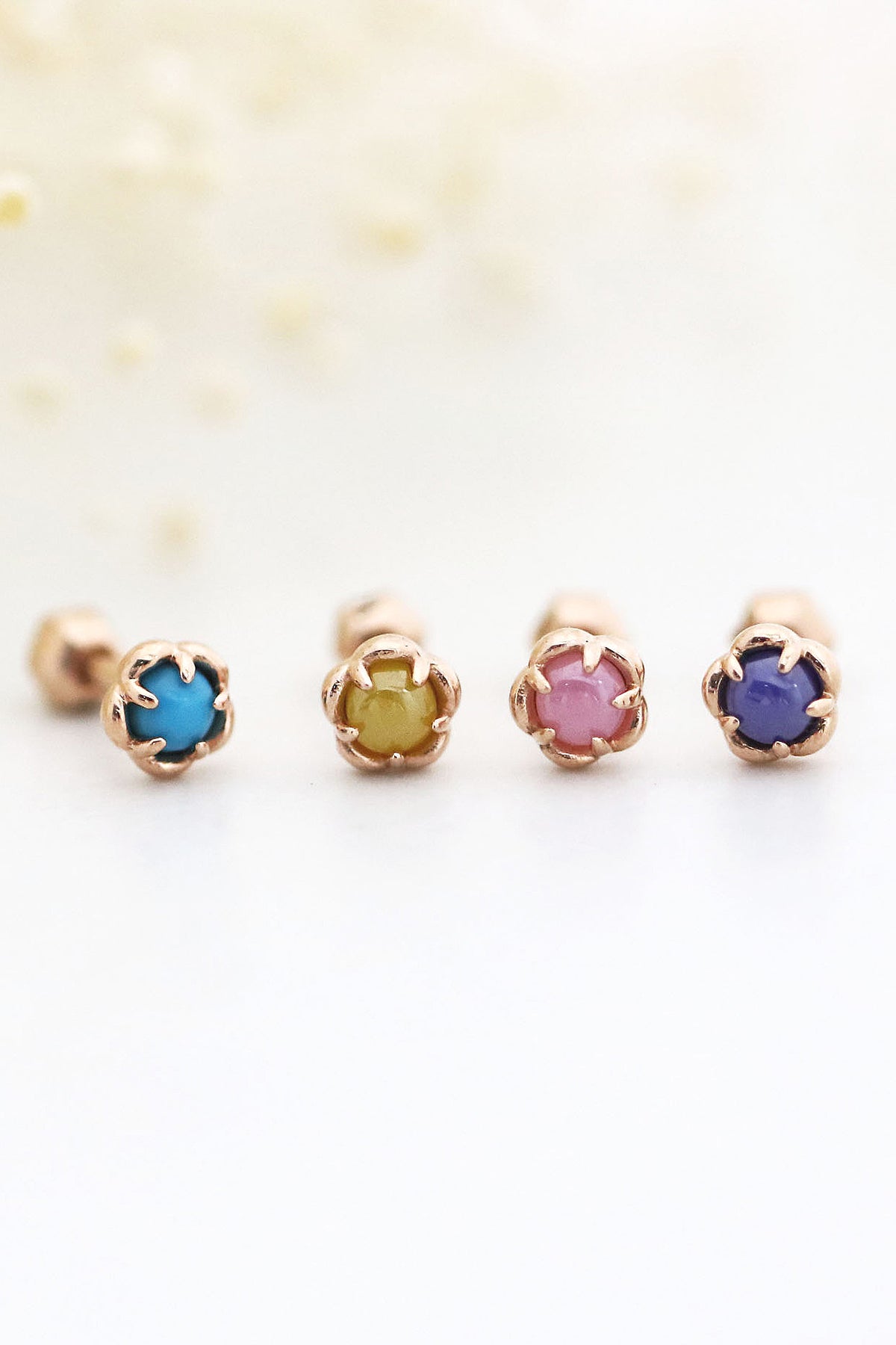 14K 18K Solid Gold Bezel Flower Helix Tragus Cartilage Conch Barbell P ...