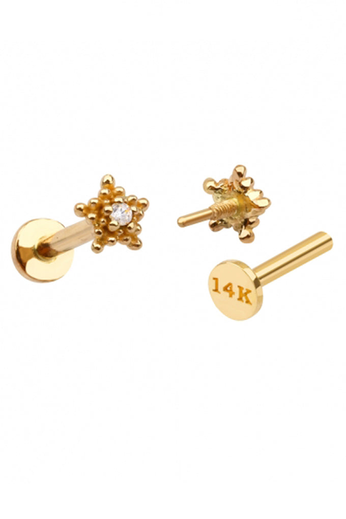 14K Real Gold Dotted Star Point Cz Forward Helix Cartilage Tragus Inne ...
